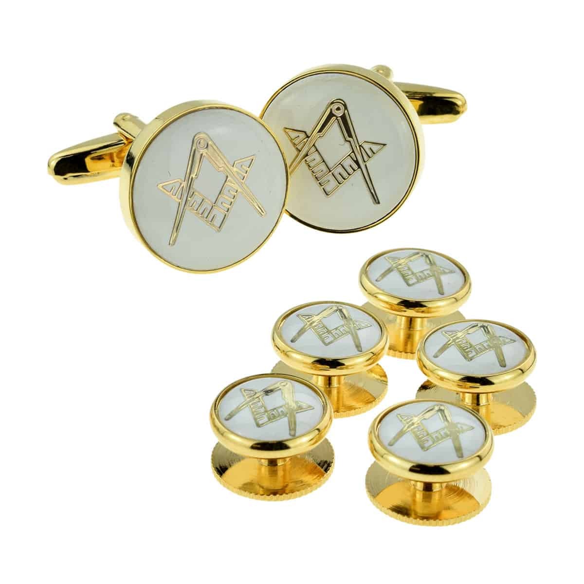 White & Gold Enamelled Masonic Cufflinks & 5 Button Stud Set With G ...